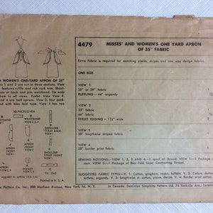 Vintage Ca. 1953 Simplicity 4479 1 Yard Apron Sewing Pattern-one Size-3 ...
