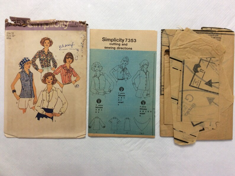 Vintage Ca. 1976 Simplicity 7353 Womens Blouse and Scarf Sewing Pattern ...