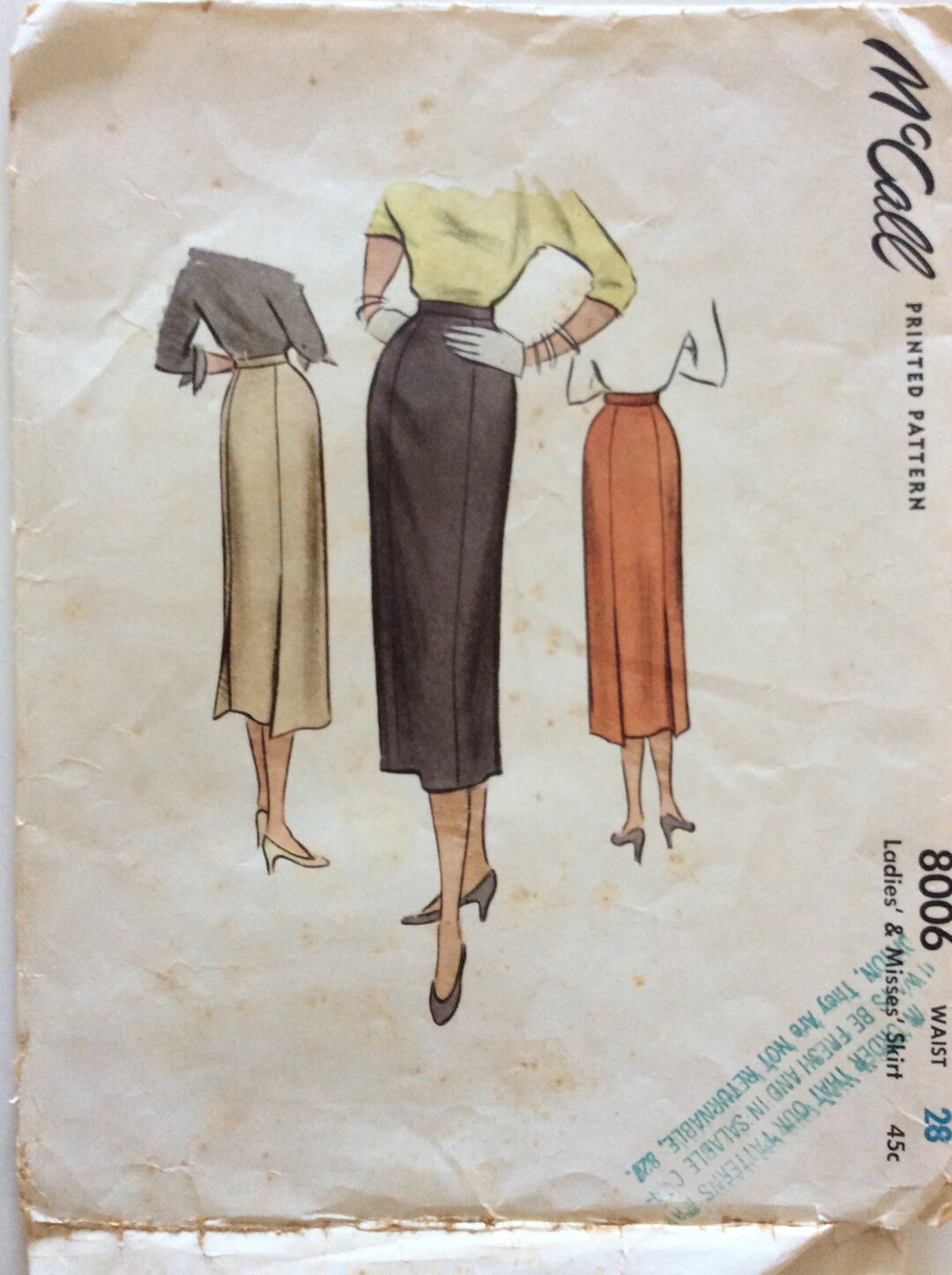 Vintage Ca. 1950 Mccall 8006 Womens Skirt Sewing Pattern-waist 28cut ...