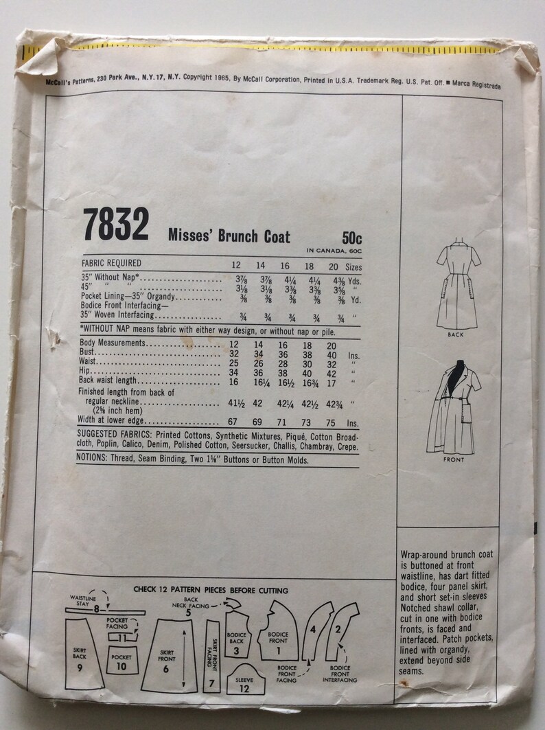 Vintage Ca. 1965 Mccall’s 7832 Women’s Brunch Coat Sewing Pattern-size ...