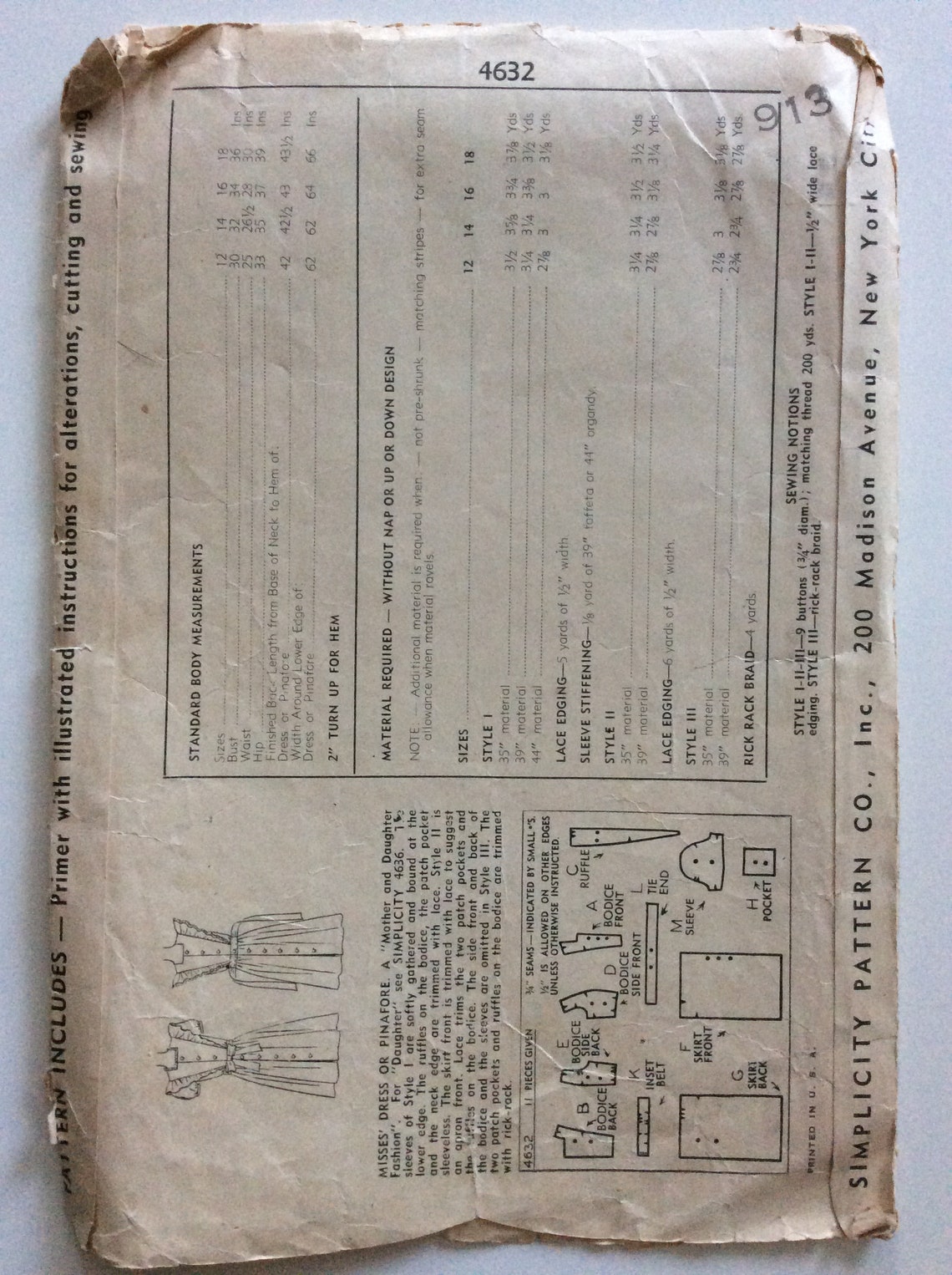 Vintage Ca. 1943 Simplicity 4632 Womens Dress or Pinafore Sewing ...