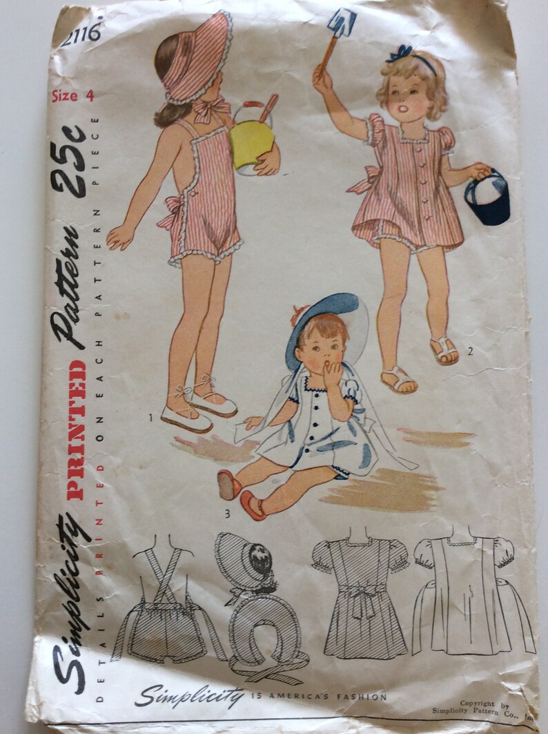 Vintage Ca. 1947 Simplicity 2116 Childs Sun Suit Bonnet & - Etsy