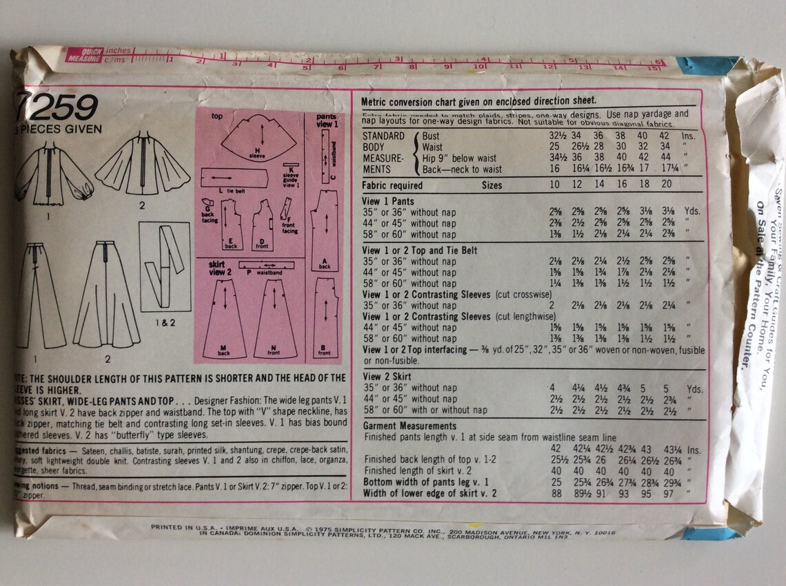 Vintage Ca. 1975 Simplicity 7259 Womens Skirt Wide Leg Pants - Etsy