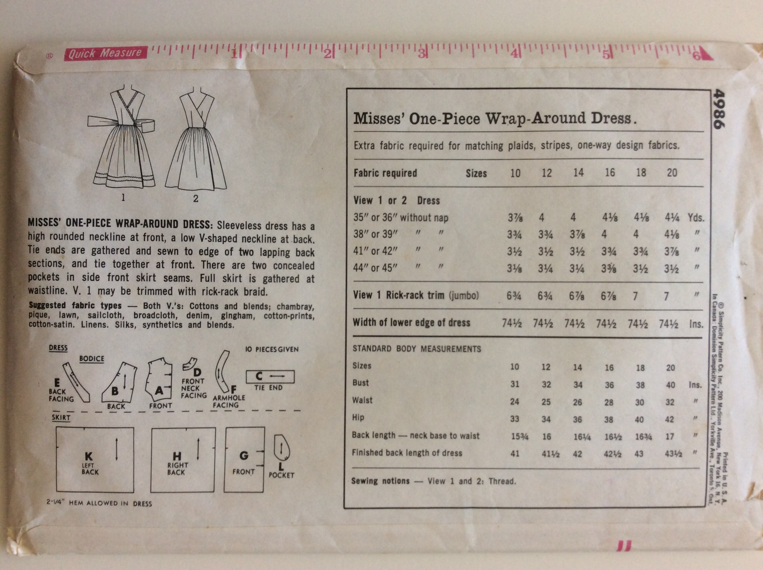 Vintage Ca. 1963 Simplicity 4986 Womens Wrap-around Dress - Etsy