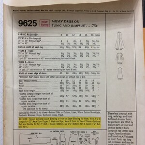 Vintage Ca. 1969 Mccalls 9625 Womens Dress or Tunic and Jumpsuit Sewing ...