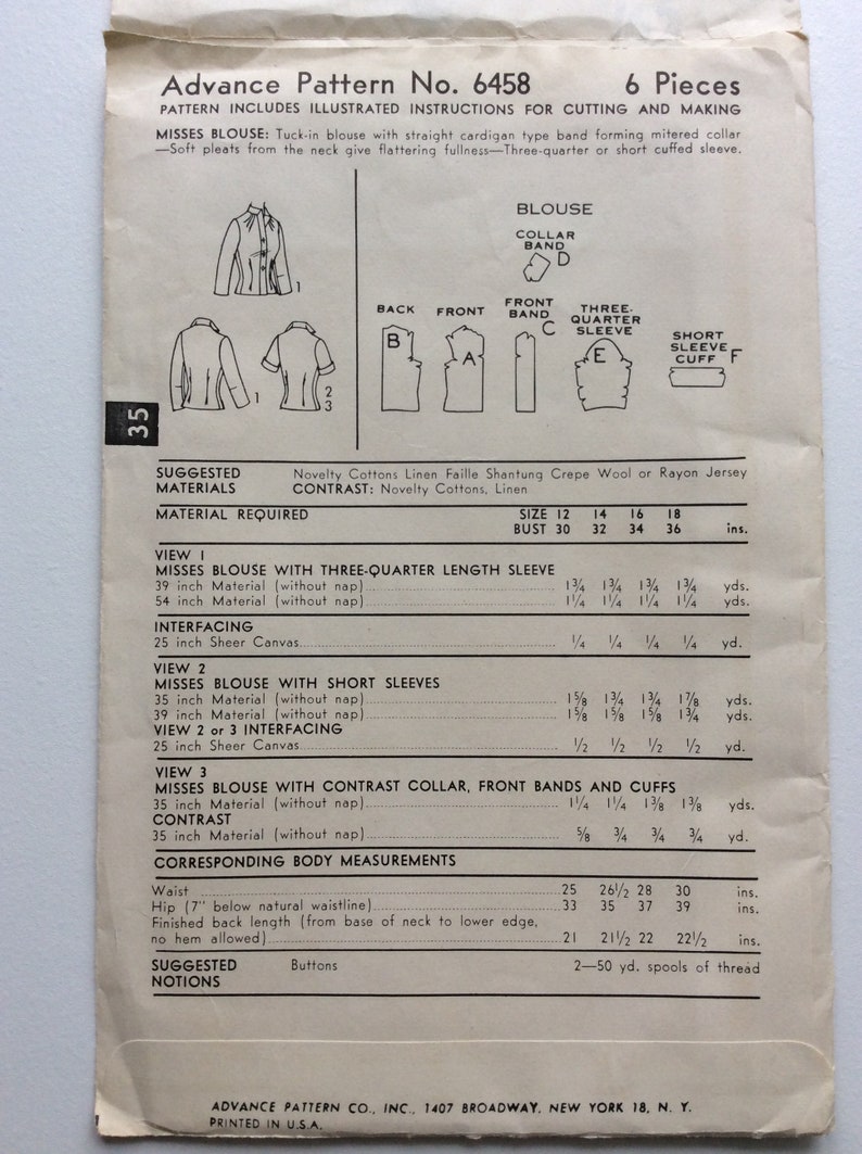 Vintage Ca. 1953 Advance 6458 Womens Blouse Sewing Pattern-size 12 Bust ...