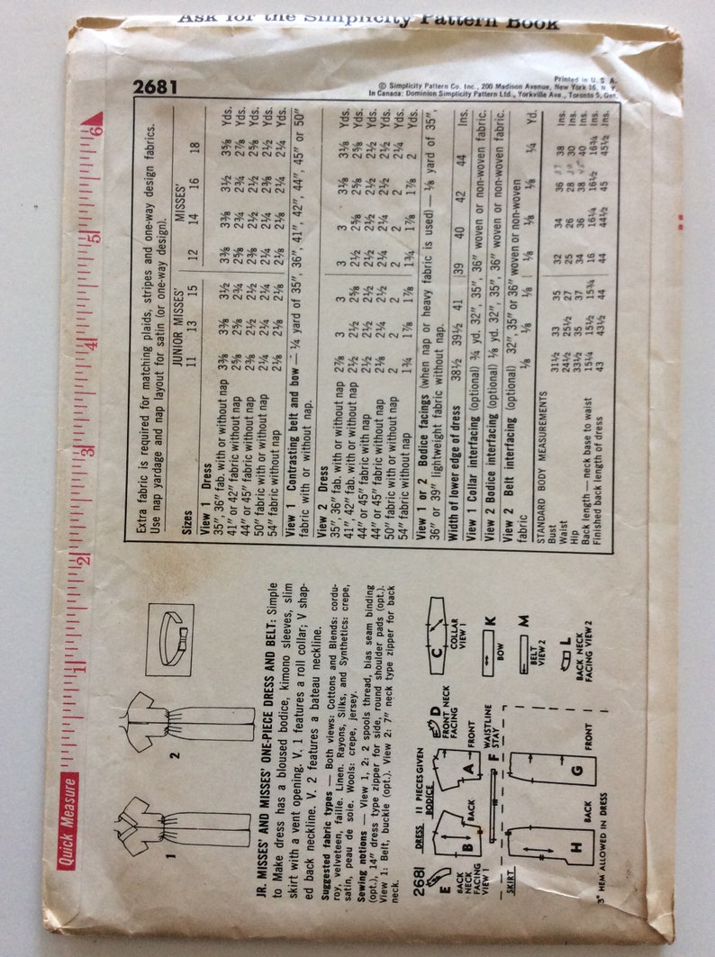 Vintage Ca. 1958 Simplicity 2681 Womens Dress & Belt Sewing Pattern ...