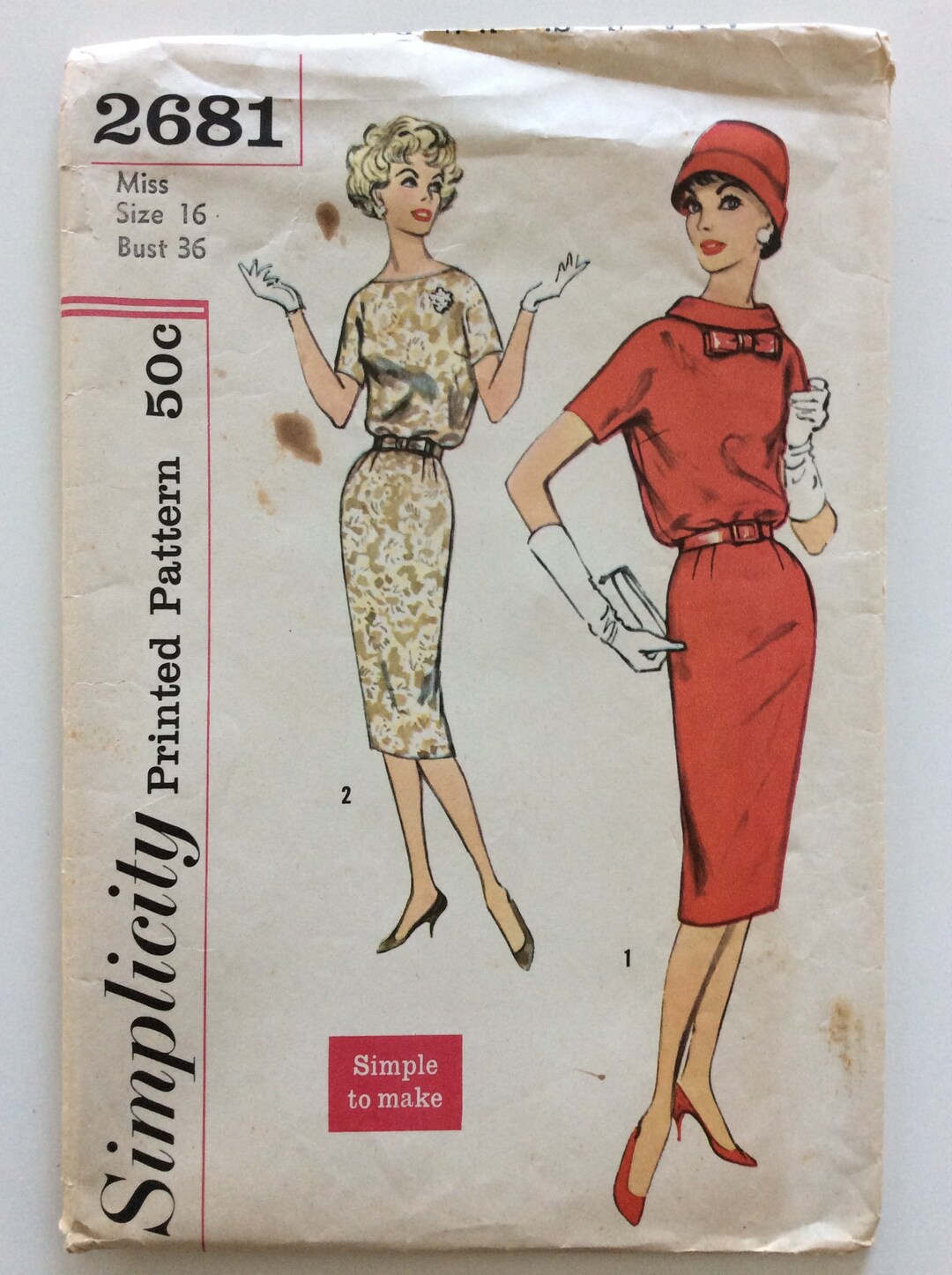 Vintage Ca. 1958 Simplicity 2681 Womens Dress & Belt Sewing Pattern ...
