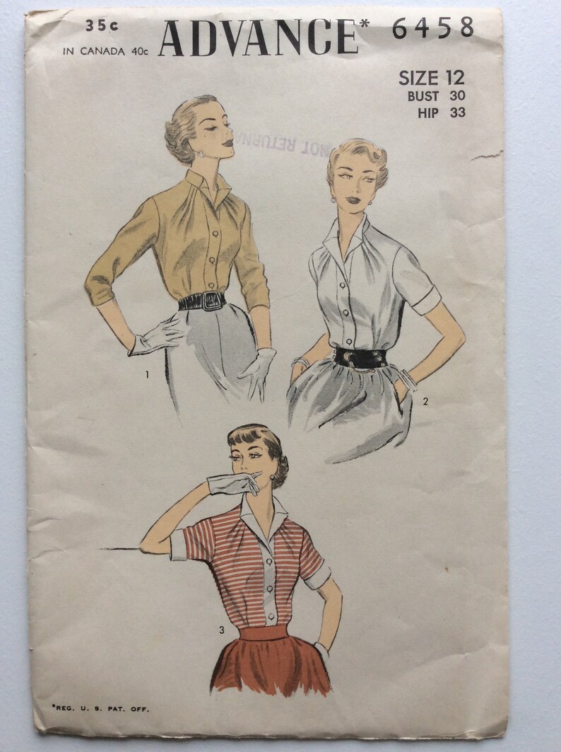Vintage Ca. 1953 Advance 6458 Womens Blouse Sewing Pattern-size 12 Bust ...