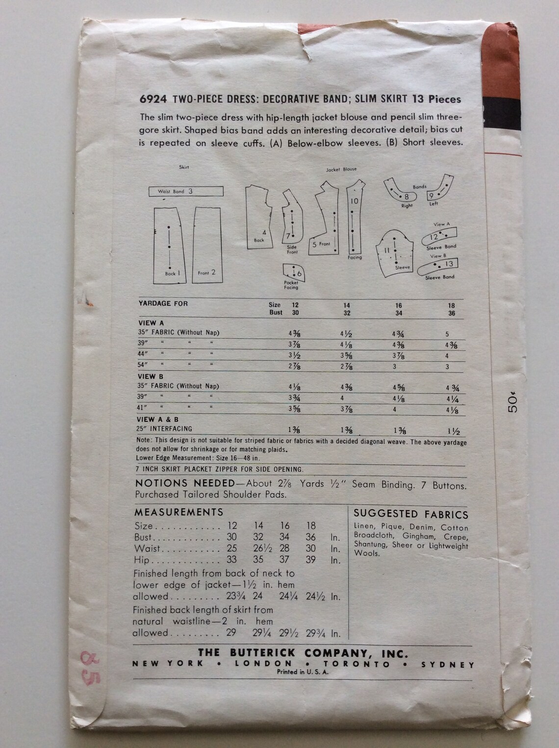 Vintage Ca. 1954 Butterick 6924 Womens 2 Piece Dress With Decorative ...