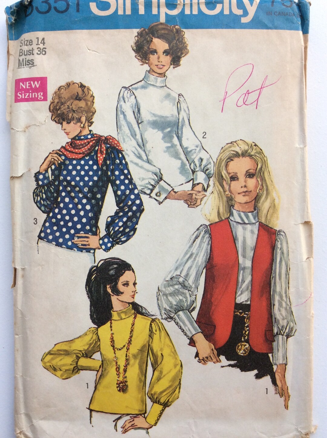 Vintage Ca. 1969 Simplicity 8351 Womens Vest, Blouses, and Scarf Sewing Pattern-size 14 Bust ...