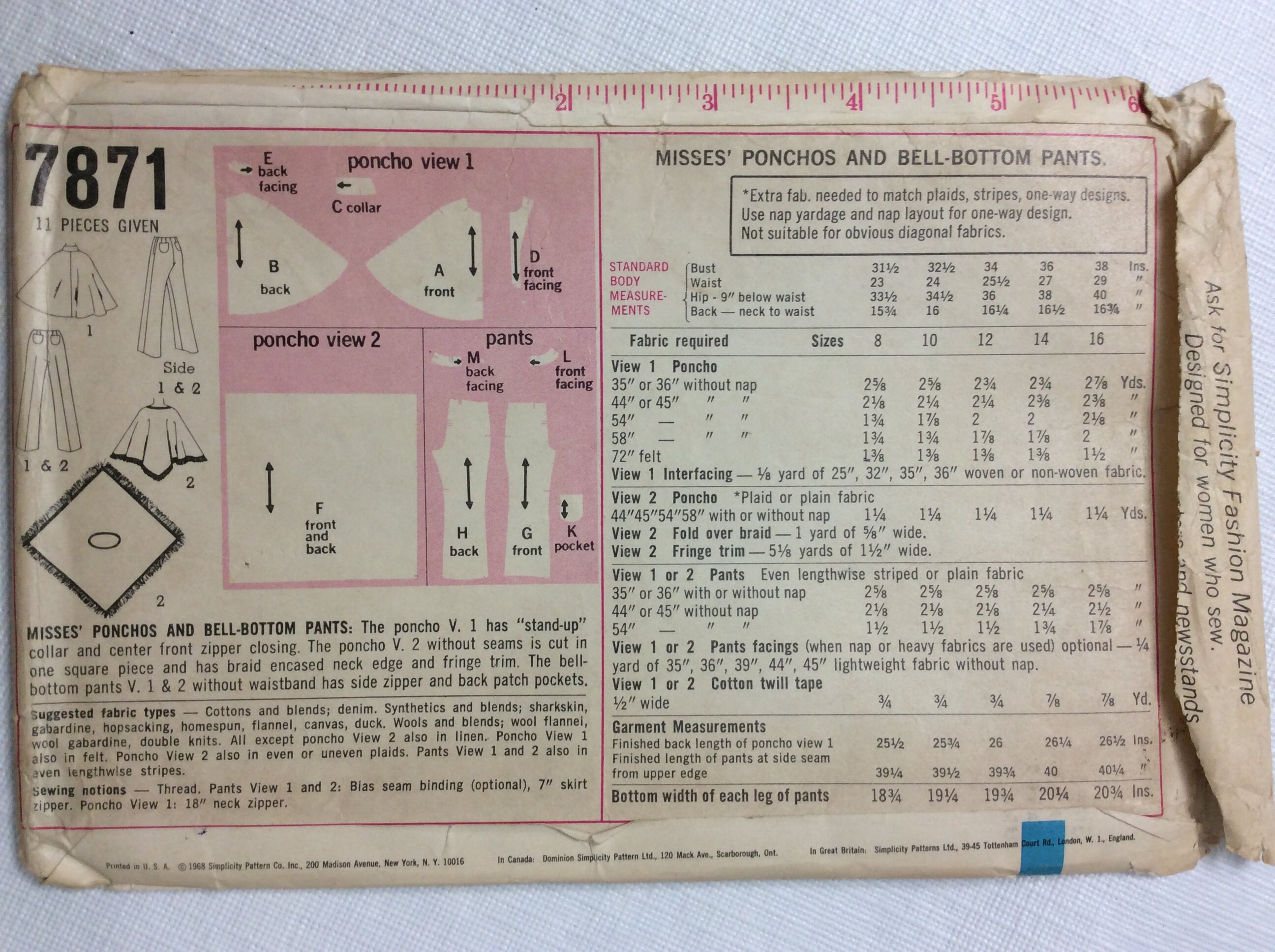 Vintage Ca. 1968 Simplicity 7871 Womens Ponchos and Bell Bottom Pants ...