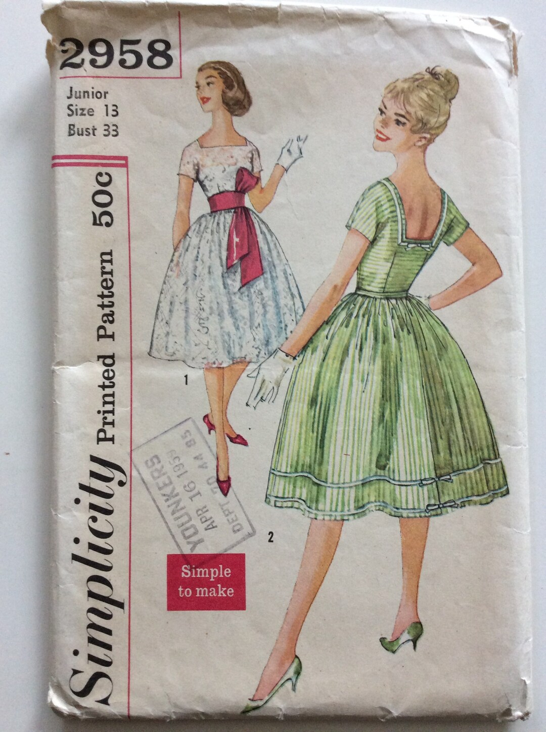 Vintage Ca. 1959 Simplicity 2958 Women’s Dress & Belt Sewing Pattern ...