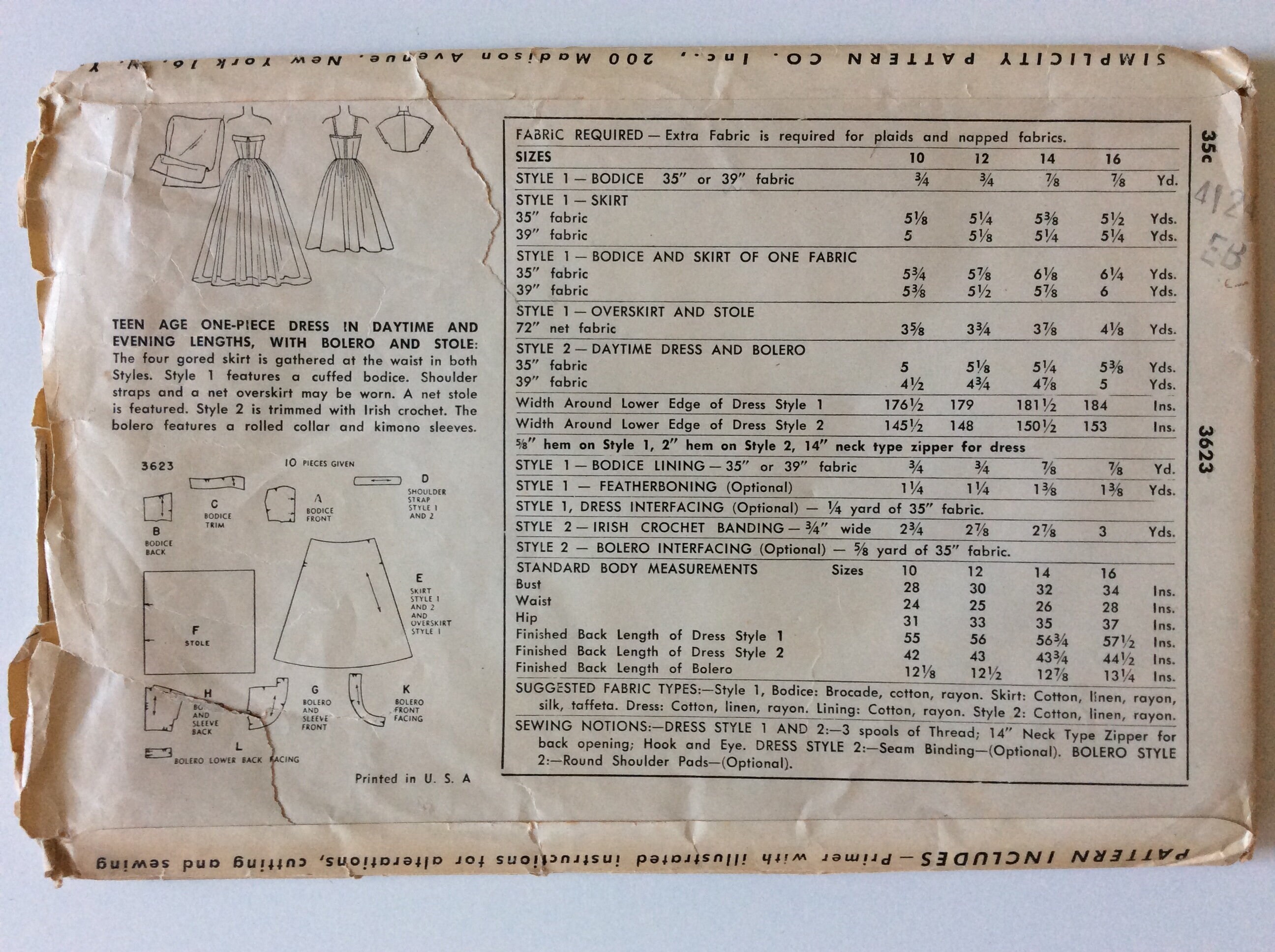 Vintage Ca. 1951 Simplicity 3623 Womens Dress in Daytime & Evening ...