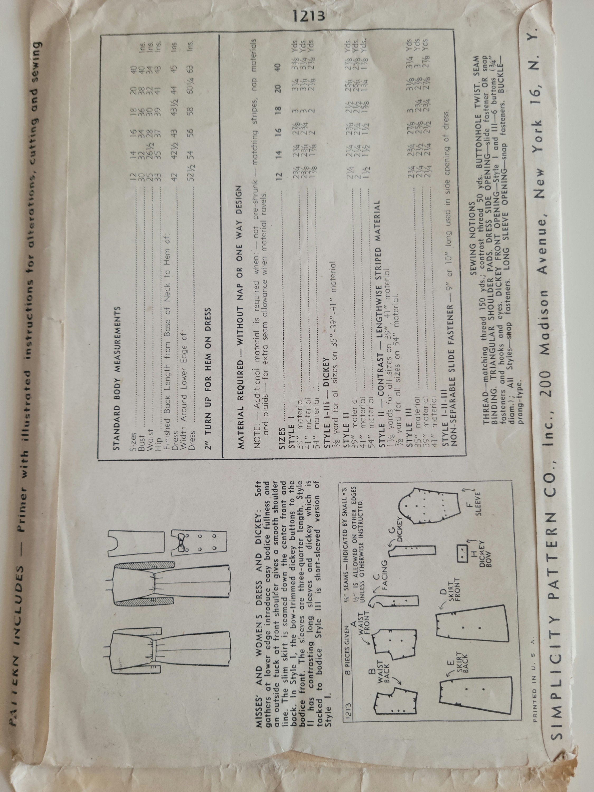 Vintage Ca. 1944 Simplicity 1213 Womens Dress and Dickey Sewing Pattern-bust 30FF - Etsy