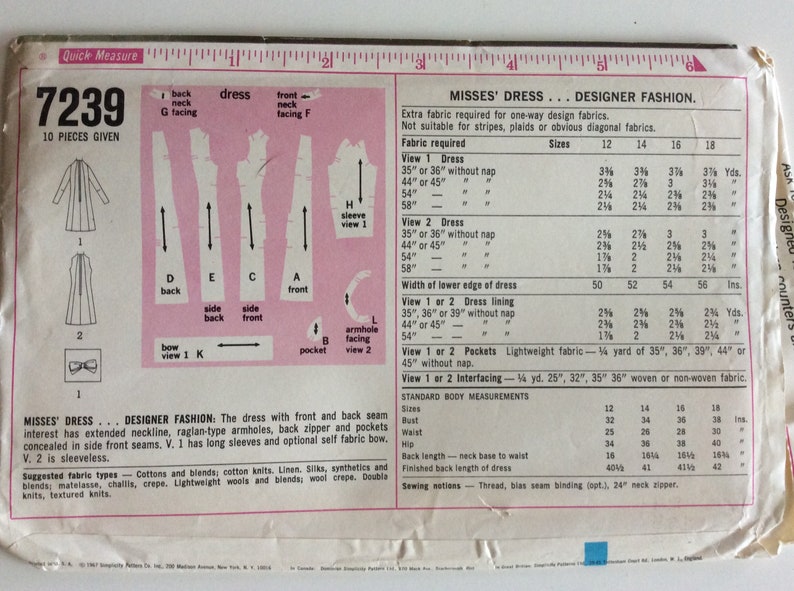 Vintage Ca. 1967 Simplicity 7239 Womens Dress Designer Fashion Sewing ...