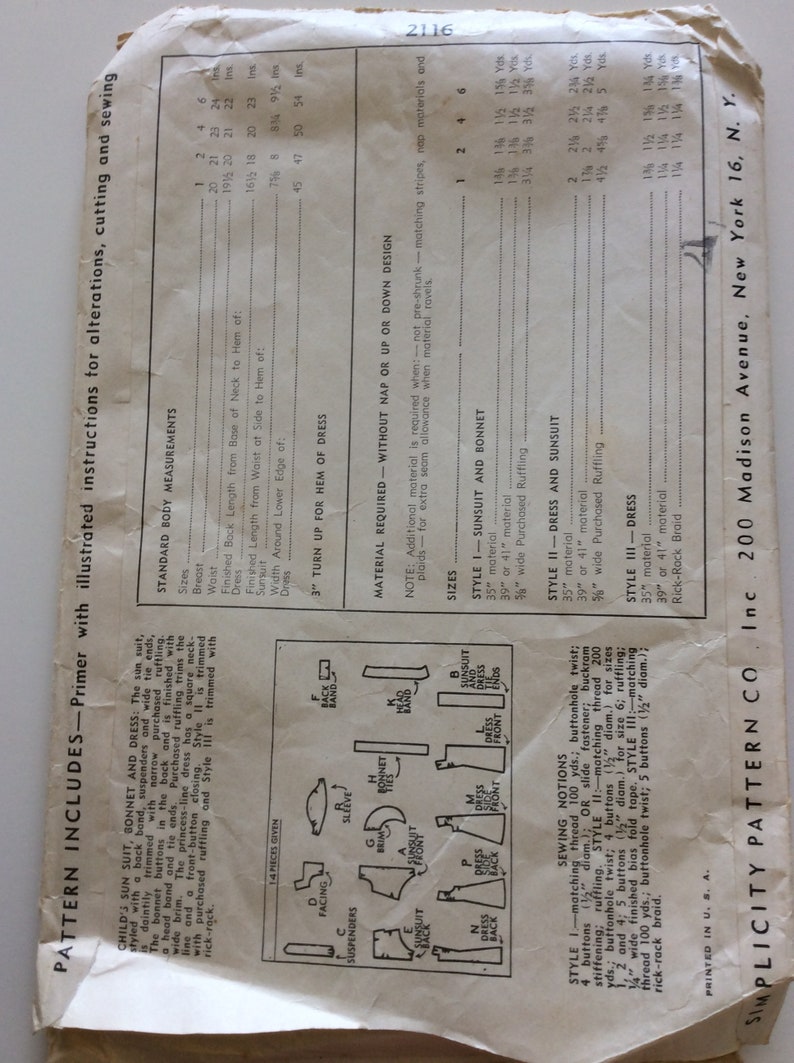 Vintage Ca. 1947 Simplicity 2116 Childs Sun Suit Bonnet & - Etsy