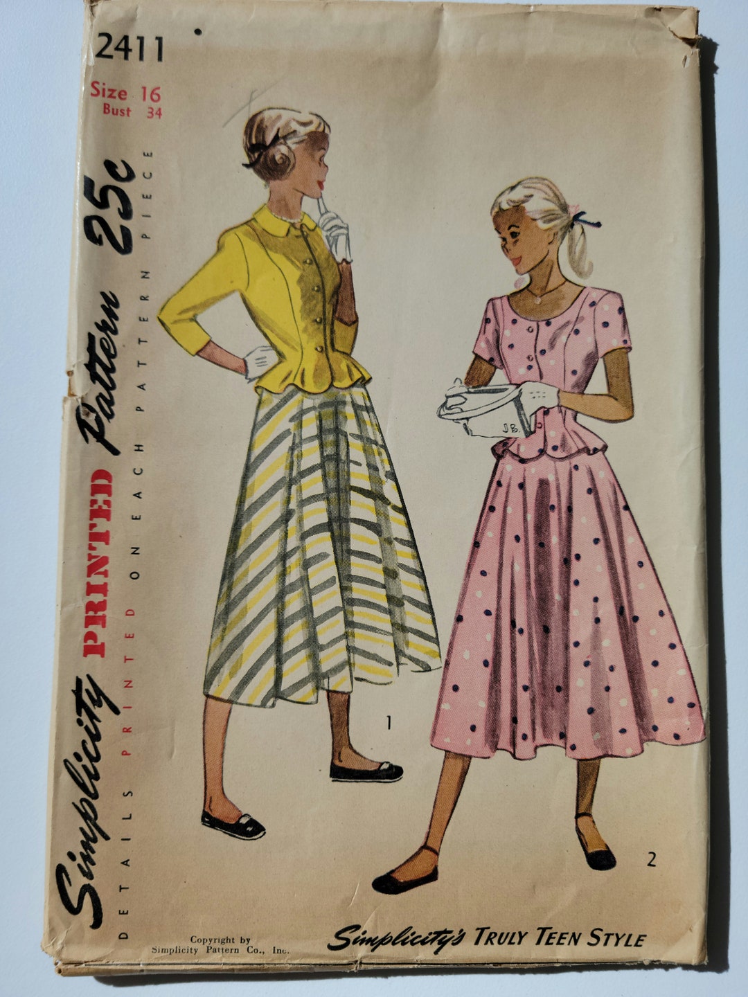 Vintage Ca. 1948 Simplicity 2411 Women’s 2 Piece Dress Sewing Pattern ...