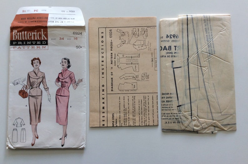 Vintage Ca. 1954 Butterick 6924 Womens 2 Piece Dress With Decorative ...