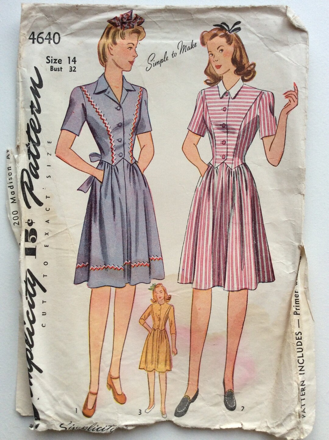 Vintage ca. 1943 Simplicity 4640 Womens Dress sewing pattern-Size 14 ...