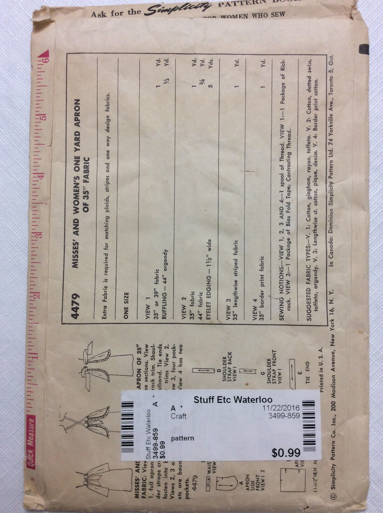 Vintage Ca. 1953 Simplicity 4479 1 Yard Apron Sewing Pattern-one Size-3 ...