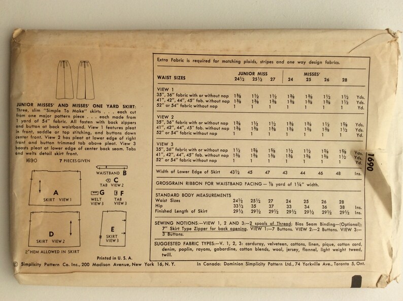 Vintage Ca. 1956 Simplicity 1690 Womens 1 Yard Skirt Sewing Pattern ...