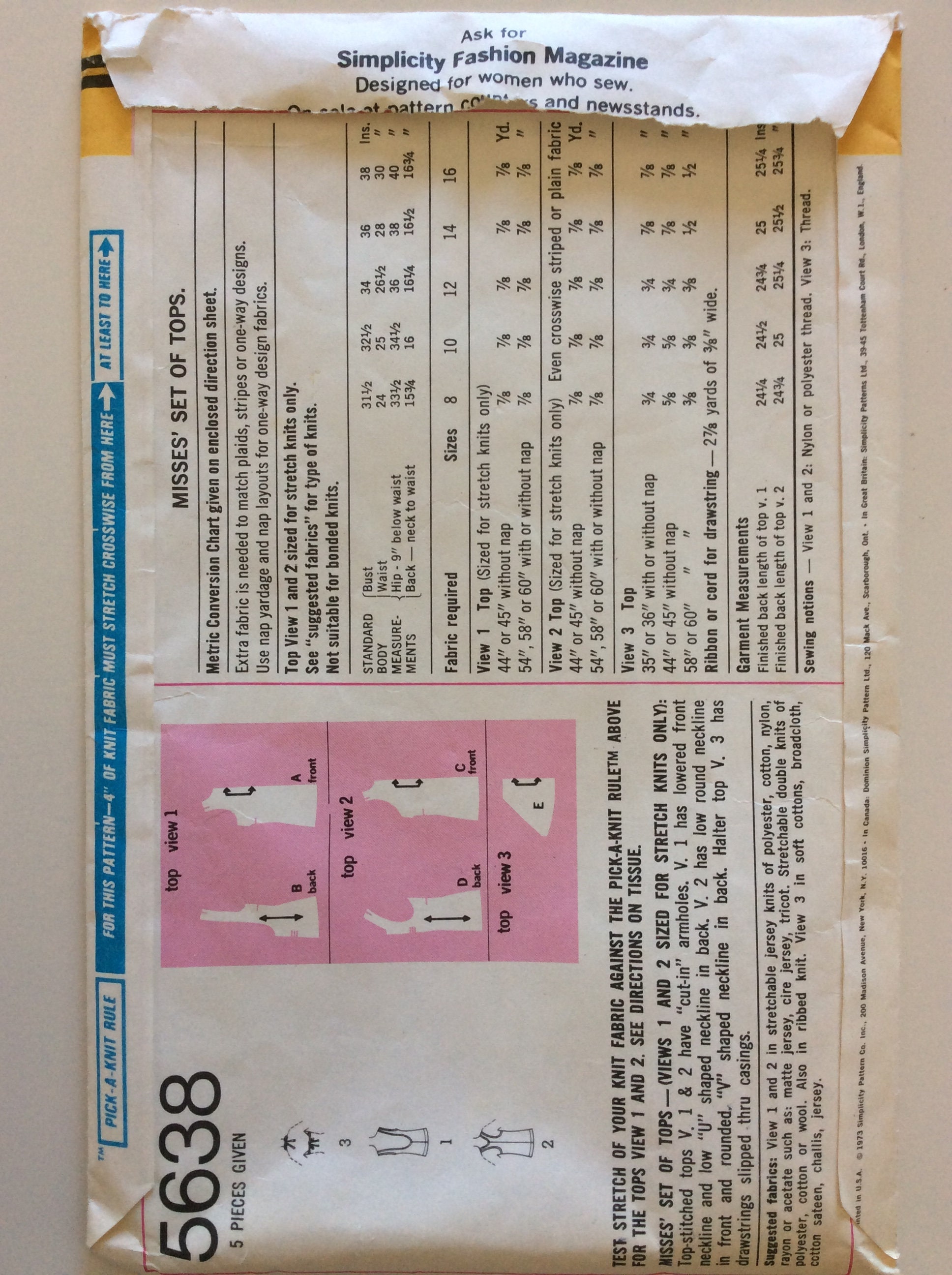 Vintage Ca. 1973 Simplicity 5638 Women’s Set of Tops Sewing Pattern ...