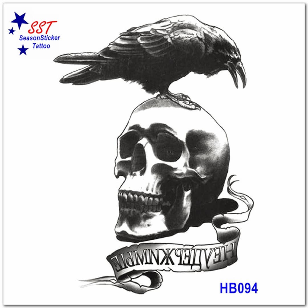 Skull Black Bird Body Tattoos Demon Clock Dial Devils Eagle Waterproof ...