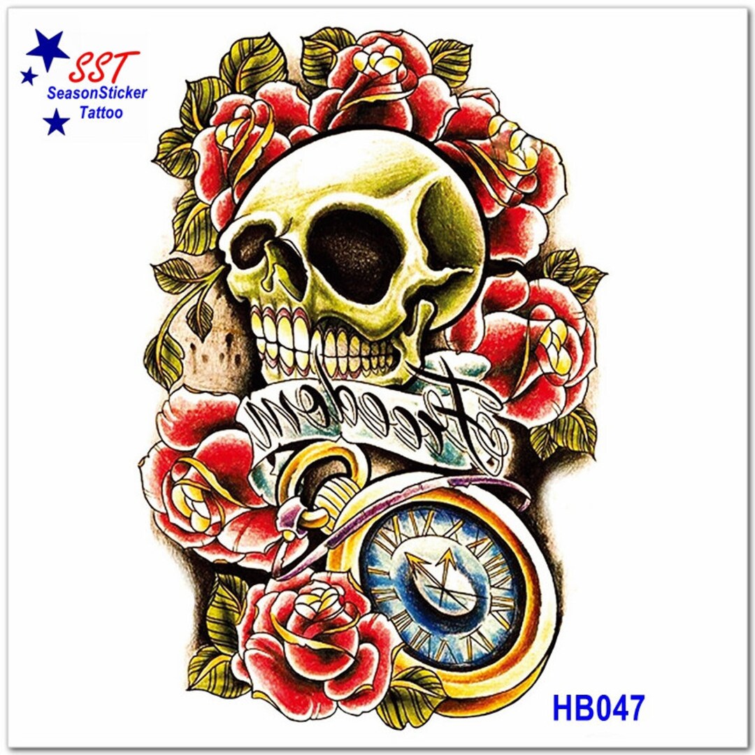 Demon Skull Body Tattoos Clock Dial Devils Eagle Black Bird Waterproof ...