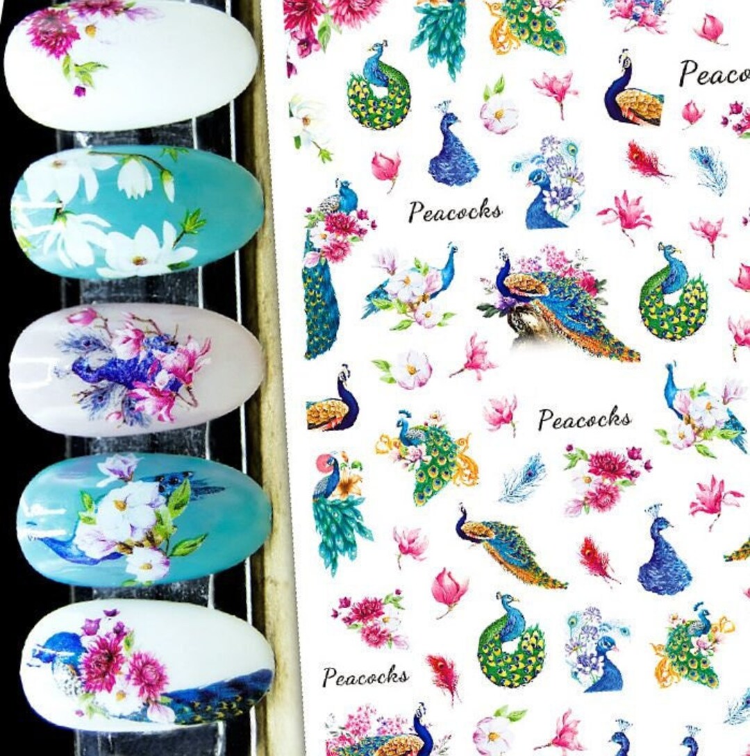 Peacocks Nail Art Stickers Peacock Feathers Bird Pink Flowers Self ...