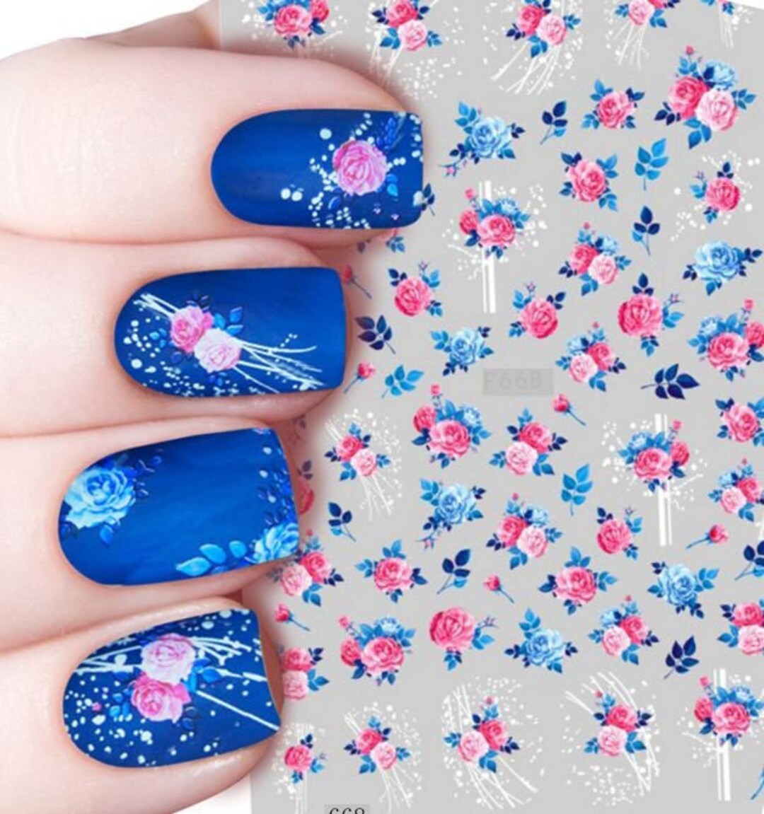 Blue Rose Nail Art Stickers Floral Green Leaf Summer Flower Vintage ...