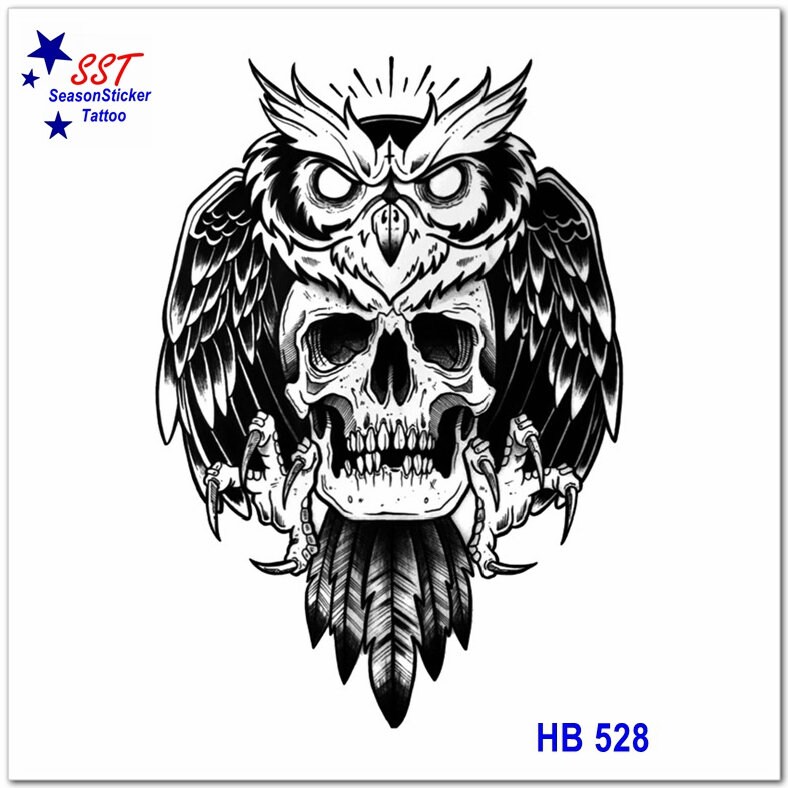 Demon Skull Body Tattoos Clock Dial Devils Eagle Black Bird Waterproof ...