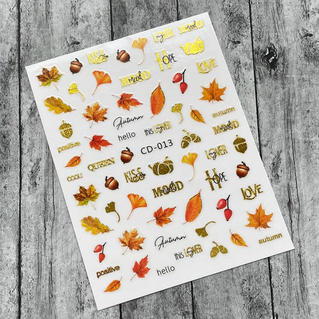 Fall Oak Leaf Gold Nail Art Stickers Brown Acorn Red Maple Tree Leaves ...