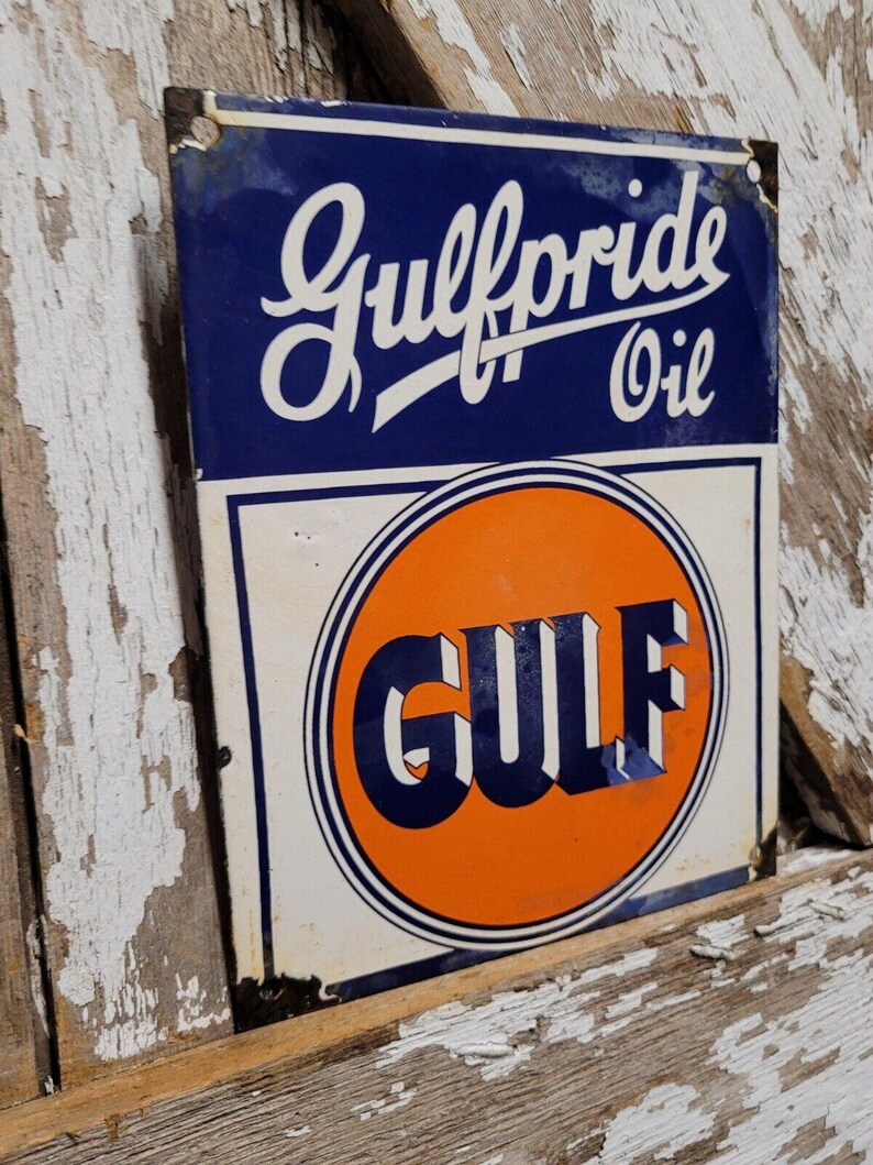 VINTAGE GULFPRIDE OIL Porcelain Advertising Sign Gas Pump Plate Motor ...