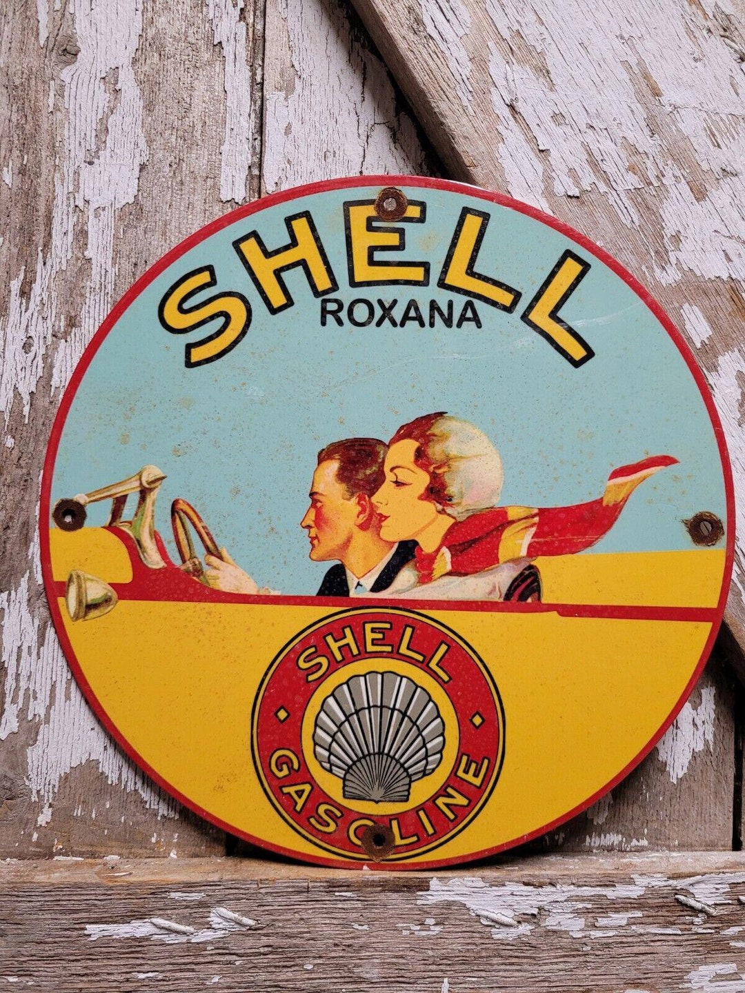VINTAGE SHELL ROXANA Porcelain Advertising Sign Gas Pump Plate Motor ...