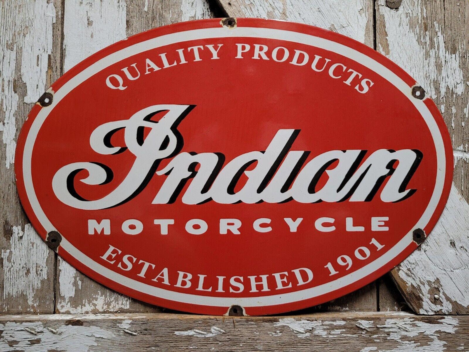 VINTAGE INDIAN MOTORCYCLE 24" Porcelain Advertising Sign Gas Pump Plate ...