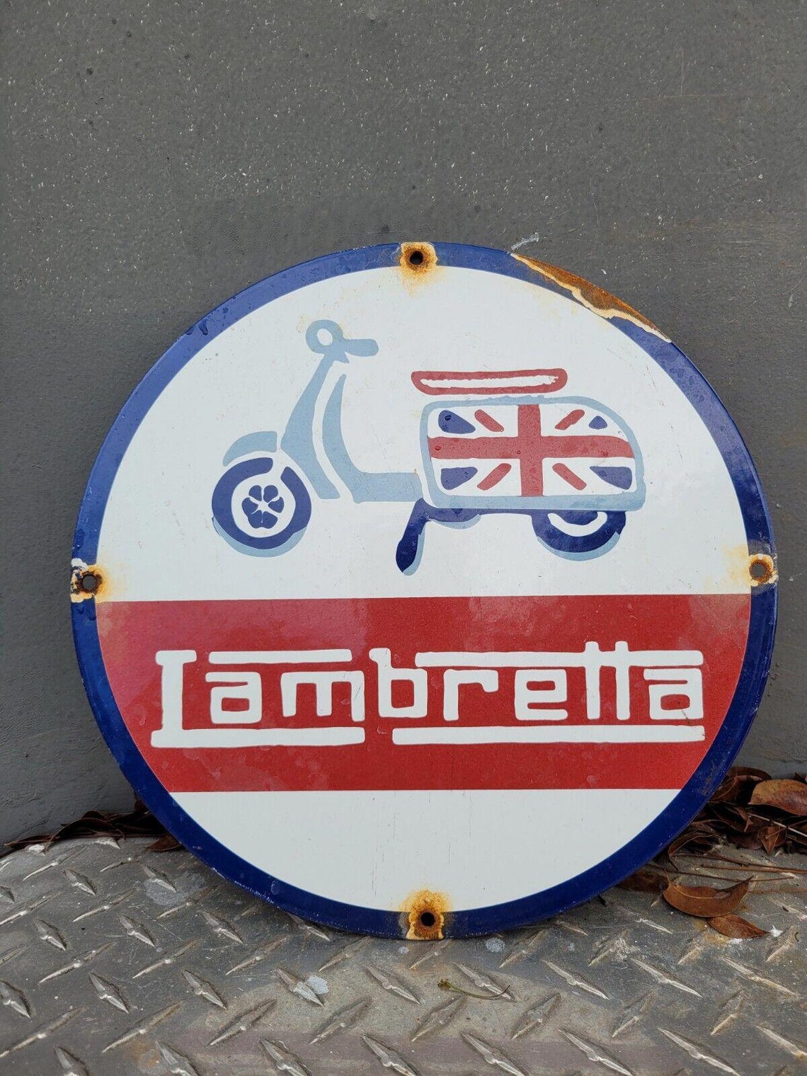 VINTAGE LAMBRETTA MOTORCYCLE Porcelain Advertising Sign Gas Pump Plate ...