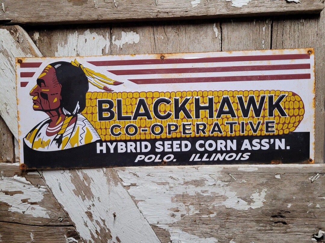 VINTAGE BLACKHAWK SEED Tin Tacker Porcelain Advertising Sign Gas Pump ...