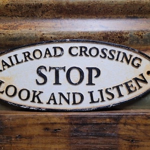 VINTAGE RAILROAD CROSSING Cast Iron Train Warning Advertising Sign Gas ...