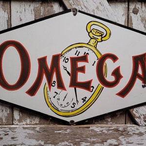 VINTAGE OMEGA 27" LARGE Porcelain Advertising Sign Gas Pump Plate Motor ...