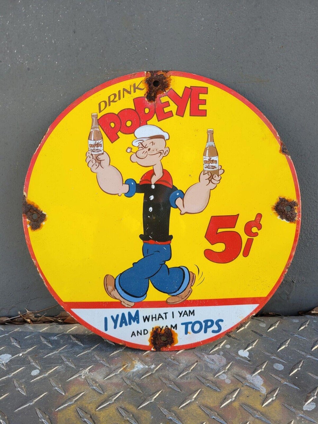 VINTAGE POPEYE SODA Porcelain Advertising Sign Gas Pump Plate Motor Oil ...