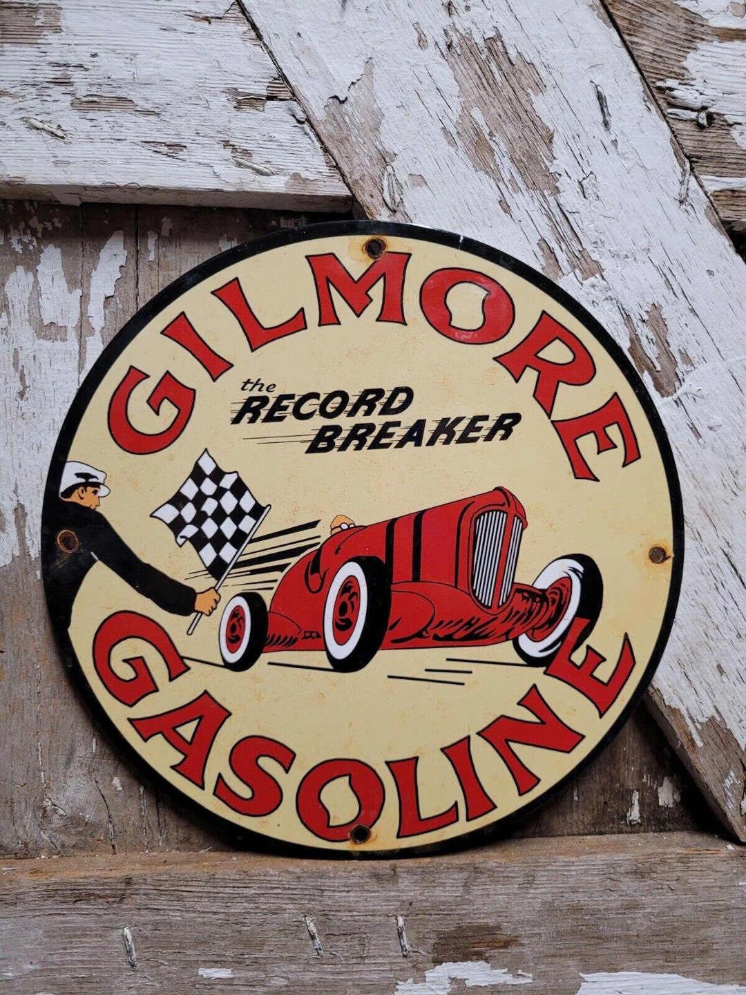 VINTAGE GILMORE Porcelain Advertising Sign Gas Pump Plate Motor Oil ...