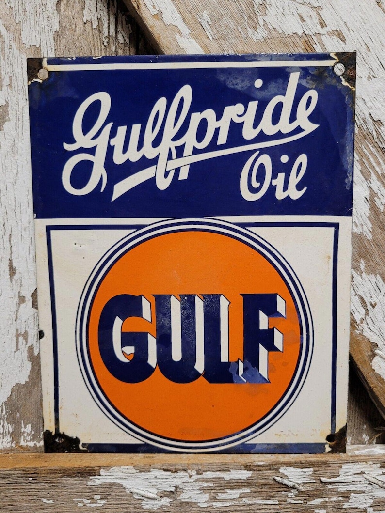 VINTAGE GULFPRIDE OIL Porcelain Advertising Sign Gas Pump Plate Motor ...