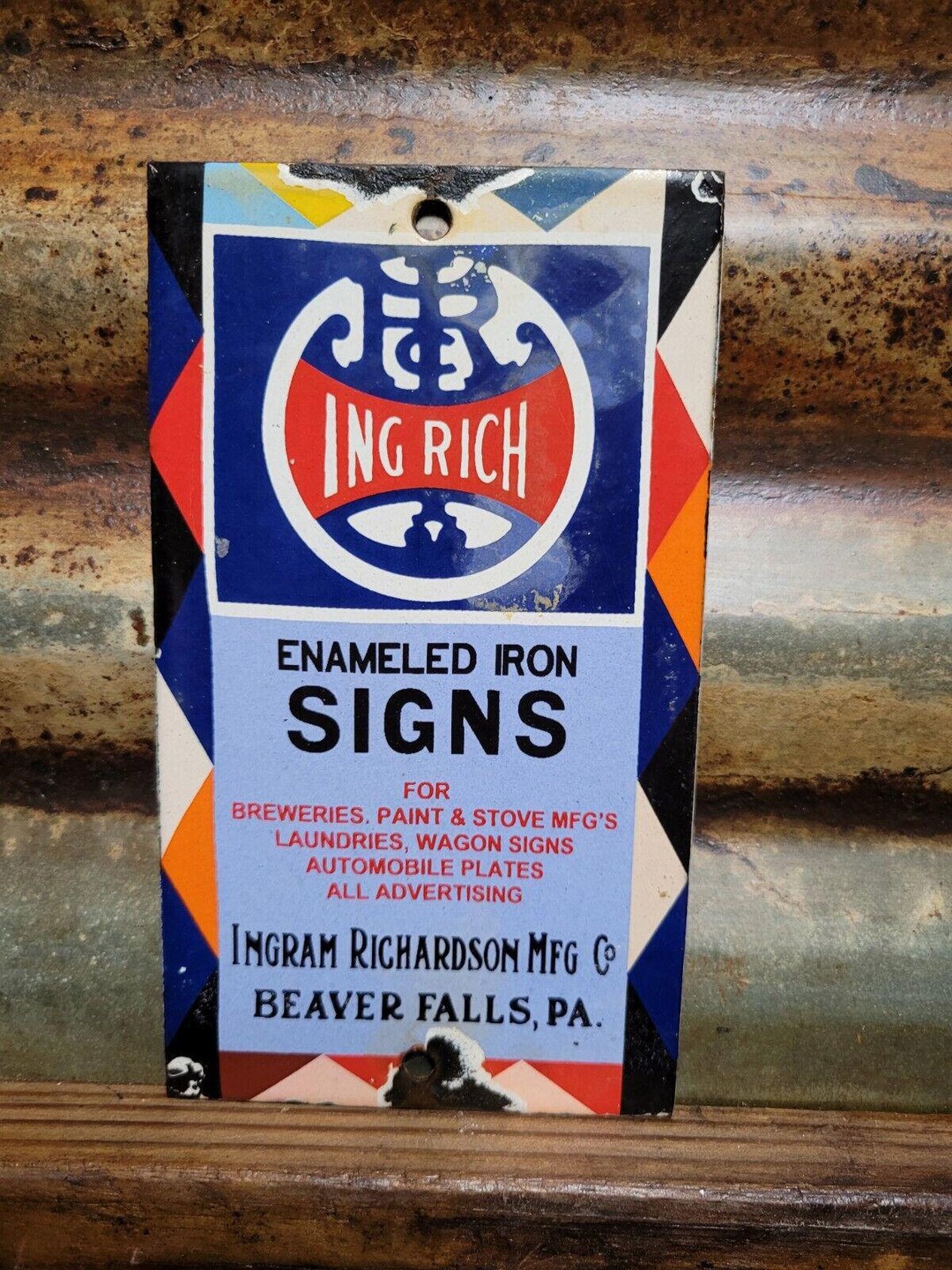 VINTAGE INGRAM RICHARDSON Porcelain Advertising Sign Gas Pump Plate ...