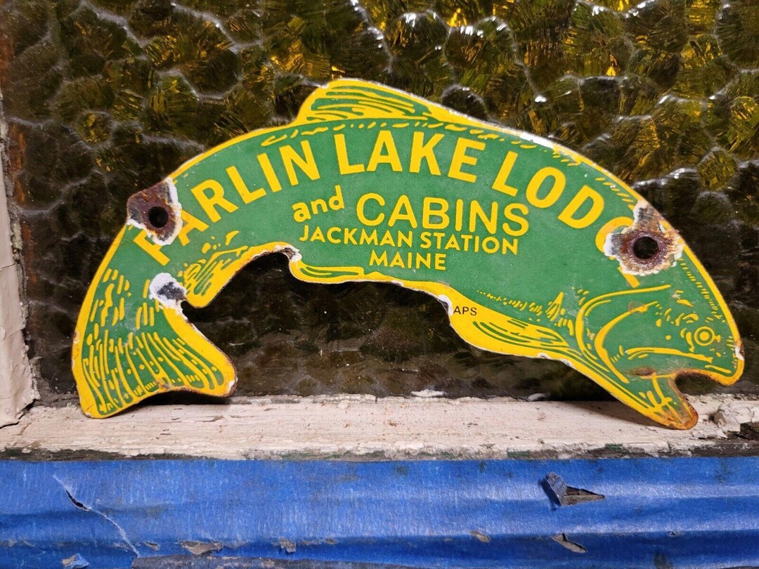 VINTAGE MARLIN LAKE Lodge Maine Porcelain Advertising Sign Gas Jackman ...