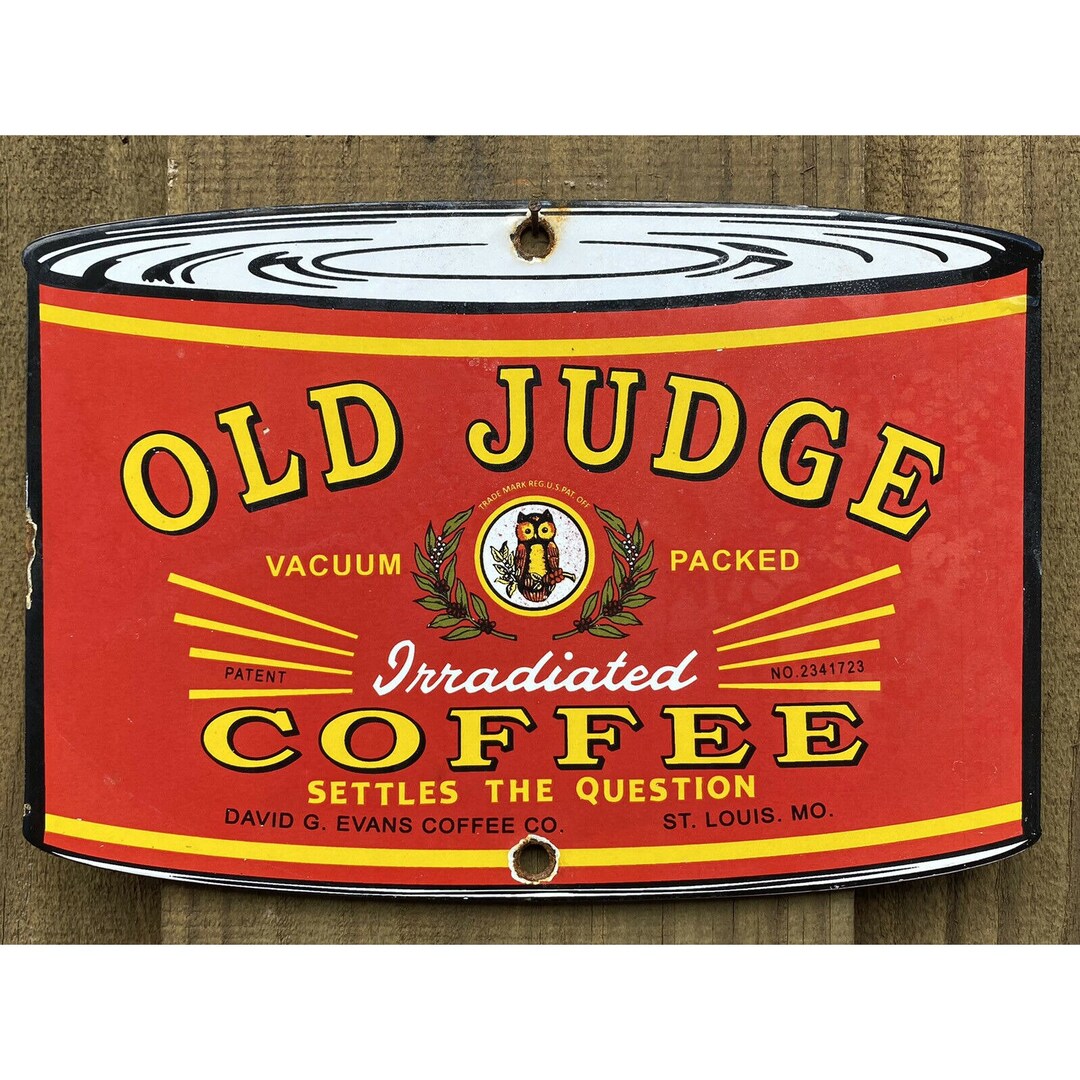 VINTAGE OLD JUDGE Coffee Can Porcelain Sign Oil & Gas Station Soda Pop ...