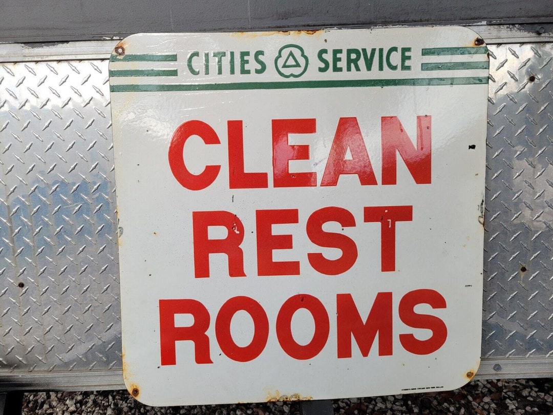 VINTAGE CITIES SERVICES Restroom Veribrite Porcelain Advertising Sign ...