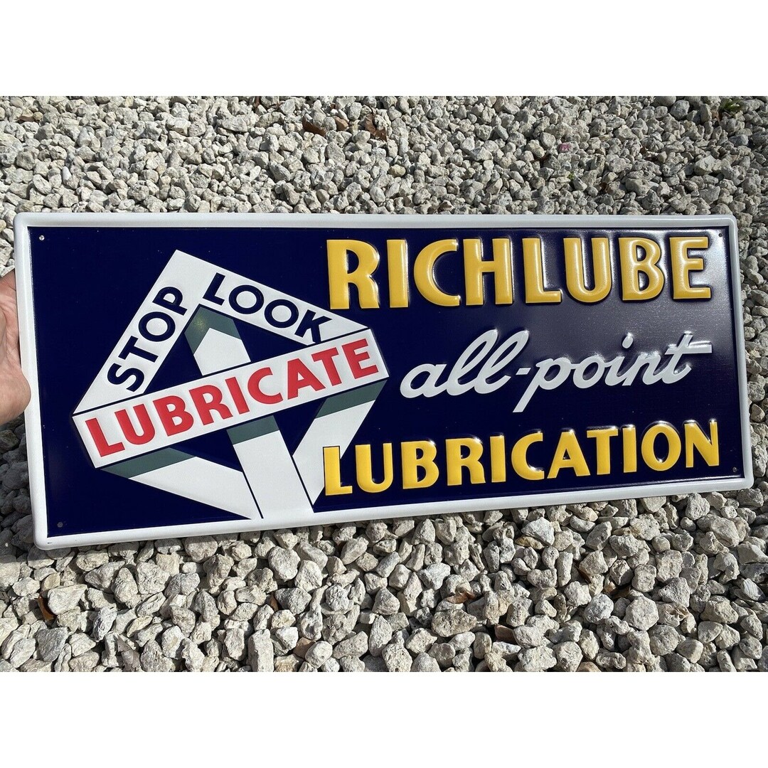 VINTAGE RICHLUBE LUBRICANT Oil Embossed Metal Sign Advertising Oil Gas ...