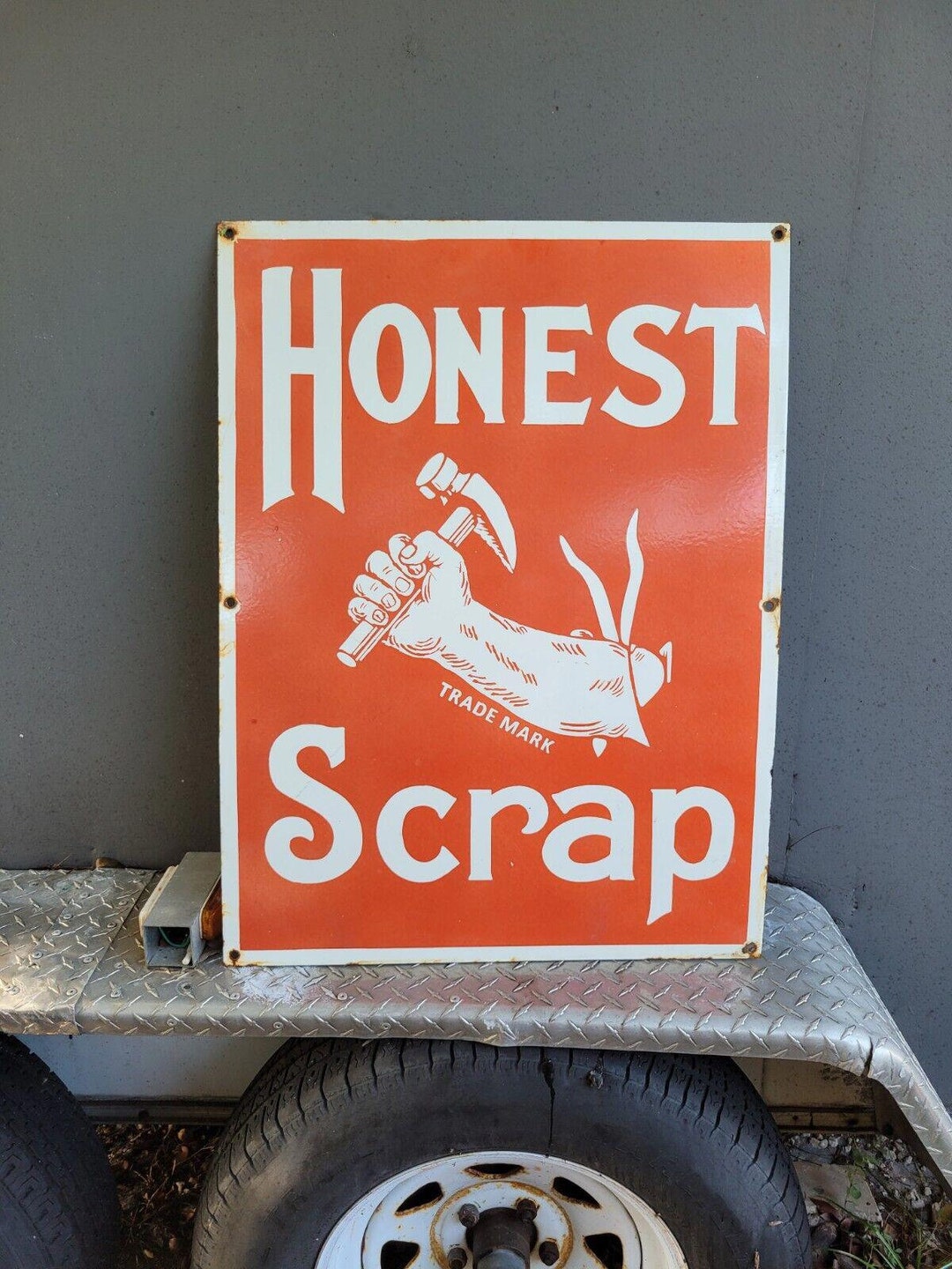 Honest Scrap VINTAGE PORCELAIN SIGN 36" Tobacco Gas Motor Oil Soda ...