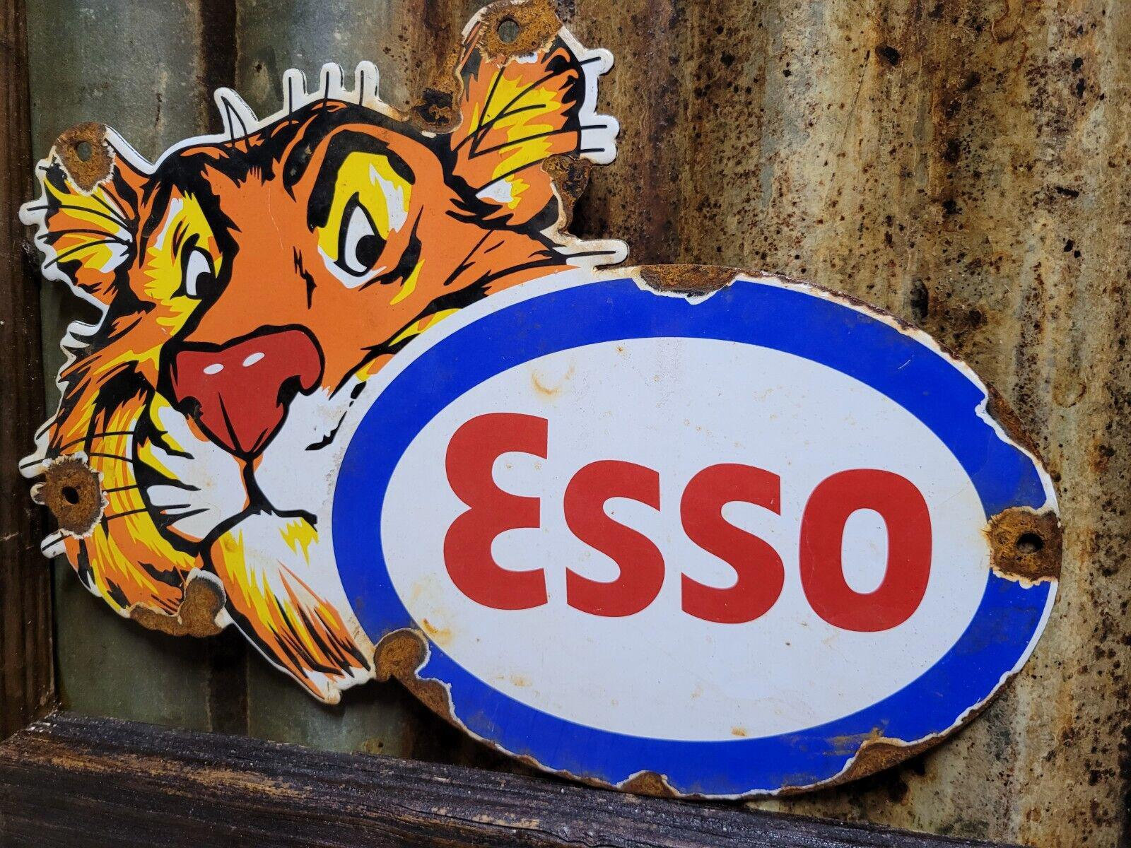 VINTAGE ESSO GASOINE Tiger Porcelain Advertising Sign Gas Pump Plate ...